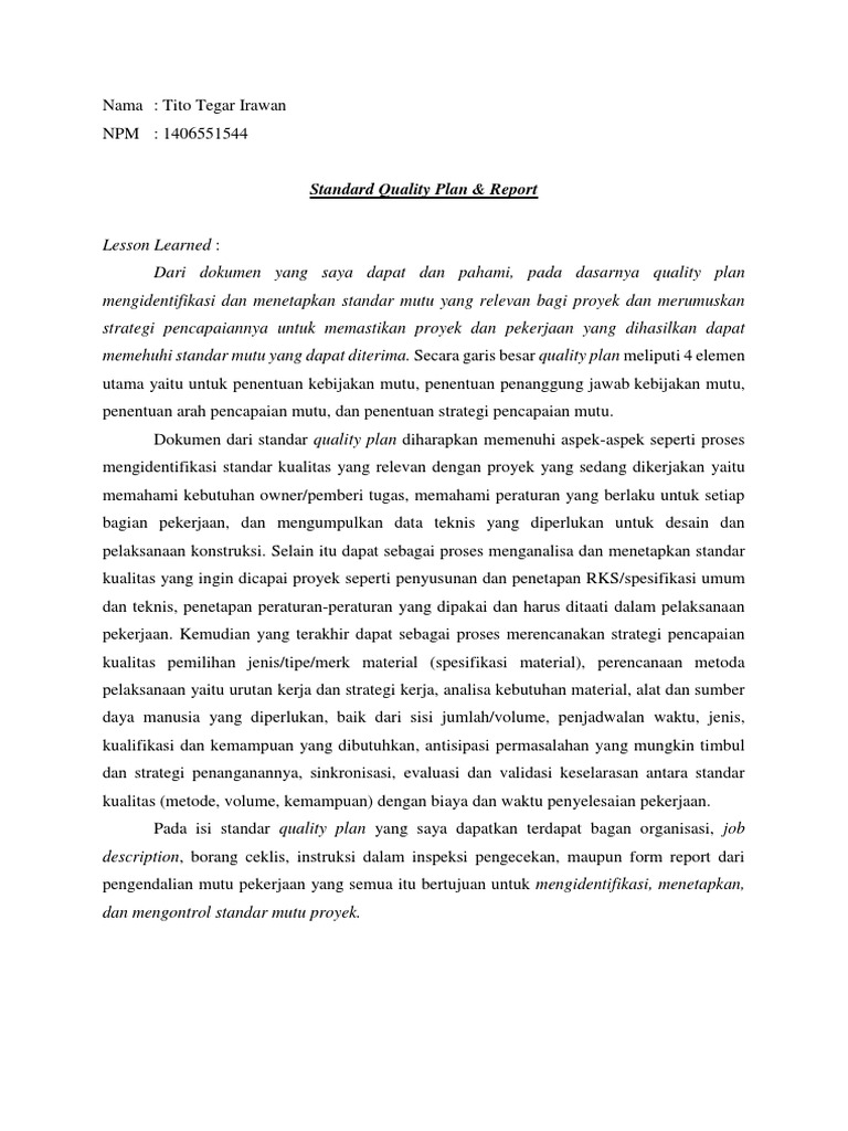 Contoh Lesson Learned Proyek Kualitas | PDF