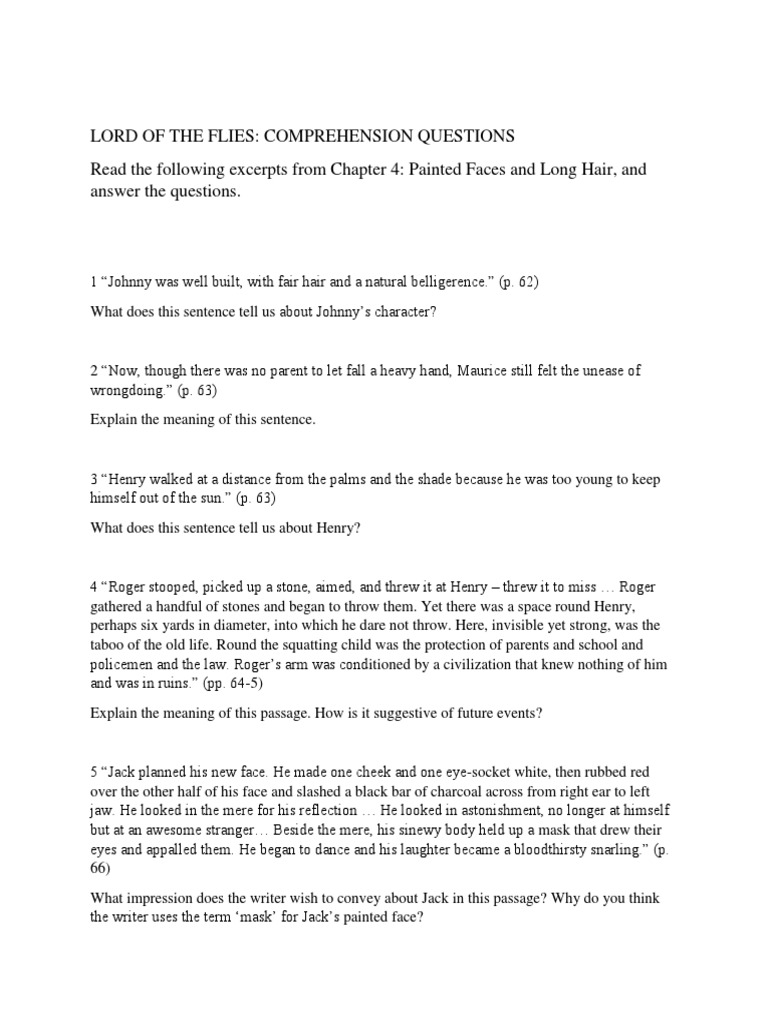 Lord of The Flies: Comprehension Questions Read The Following Excerpts ...