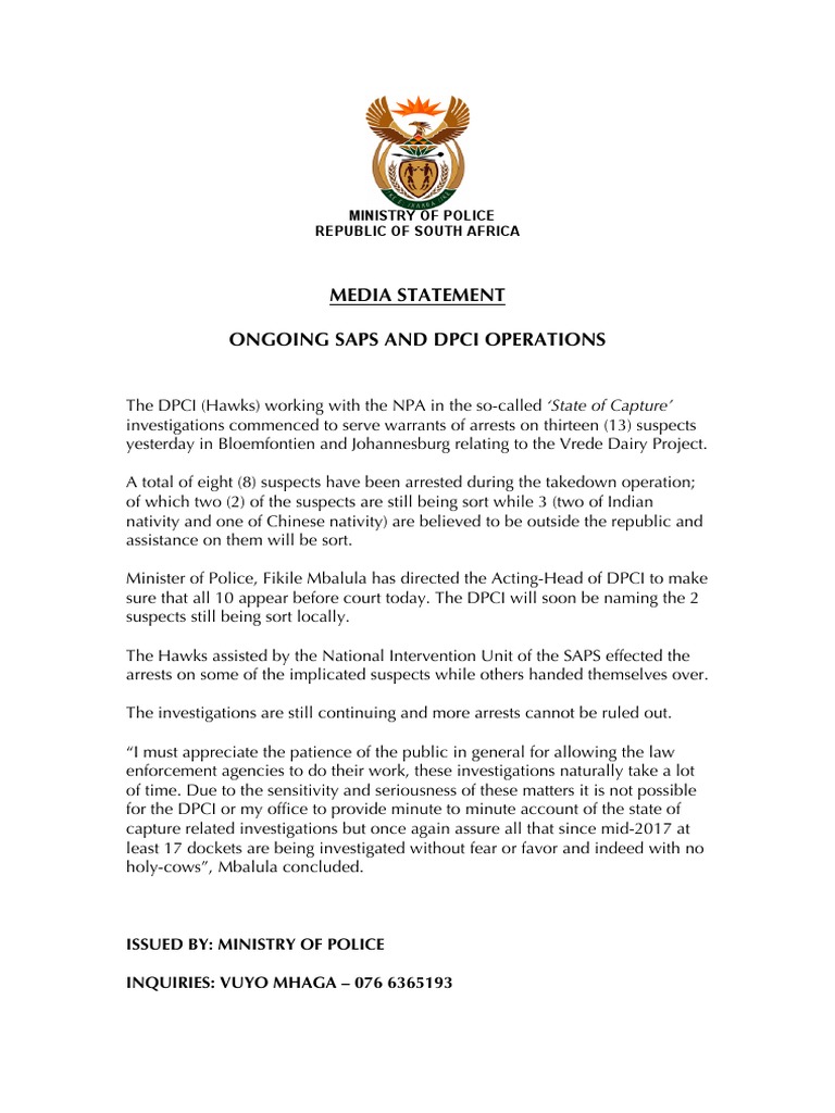 Ministry of Police Statement - Feb 15, 2018 | PDF
