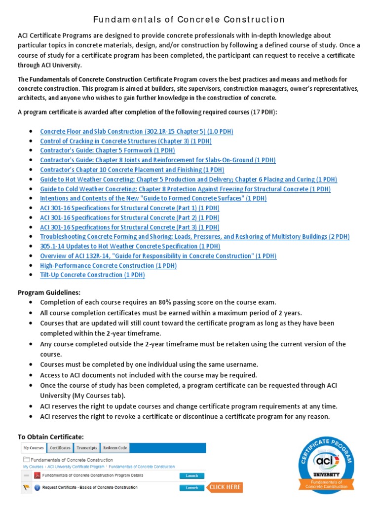Concrete Construction Fundamentals Certificate | PDF | Real Estate Law ...
