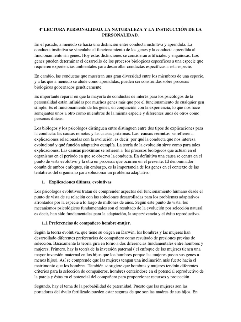 4 Lectura Personalidad | PDF | Evolución | Comportamiento