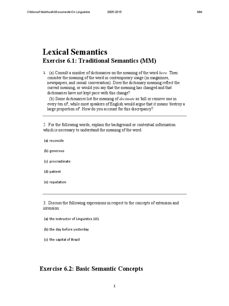 Lexical Semantics - Exercises | PDF | Lexical Semantics | Word