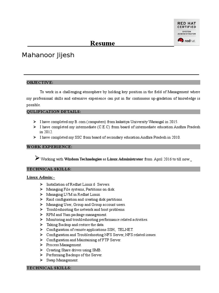 M.jijesh 2 Years Exp Linux Resume | PDF | Linux | File System