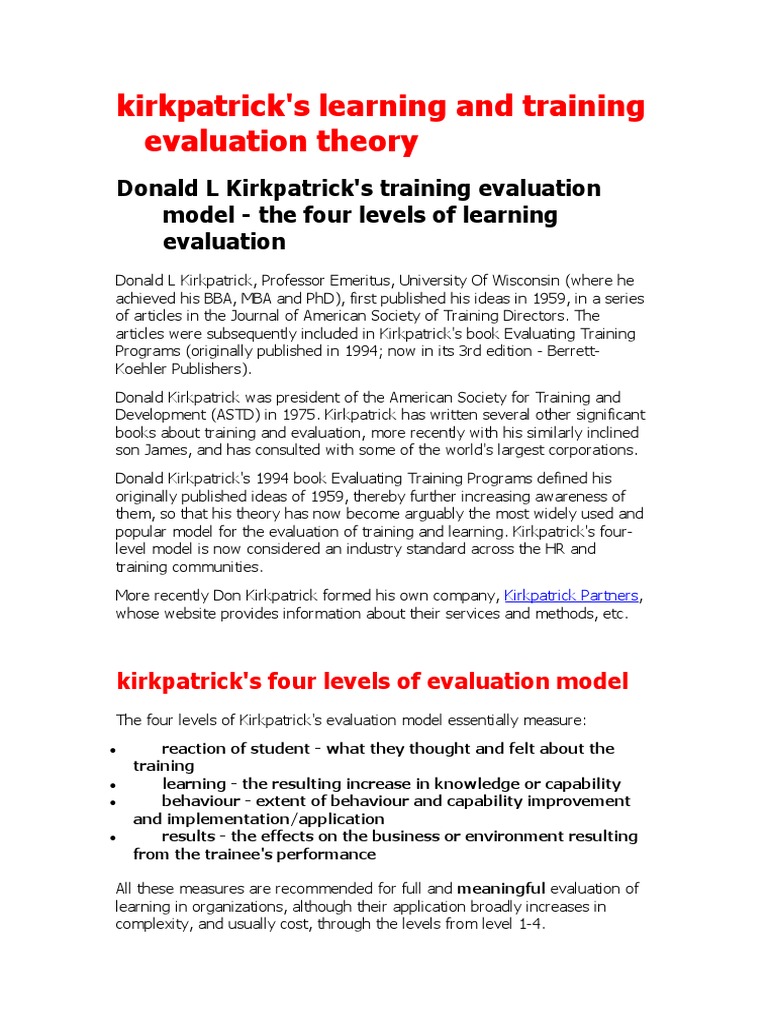 Kirkpatrick's Four Levels of Evaluation | PDF | Educational Assessment ...