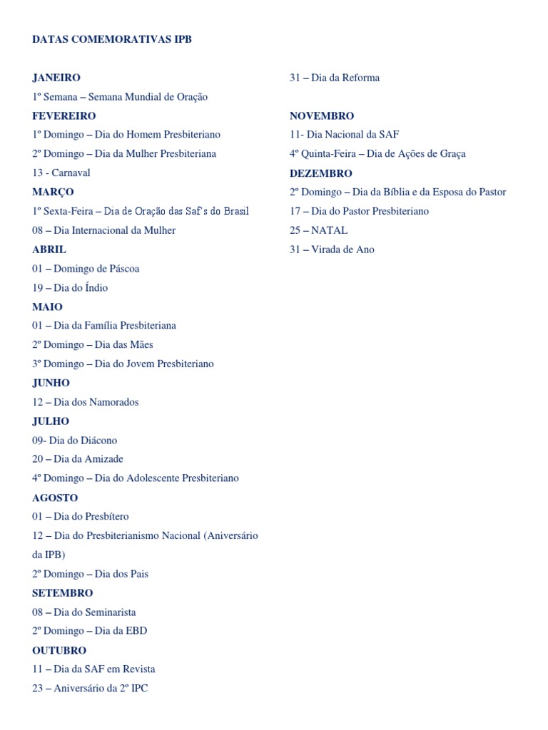 Datas Comemorativas da IPB 2025 | PDF