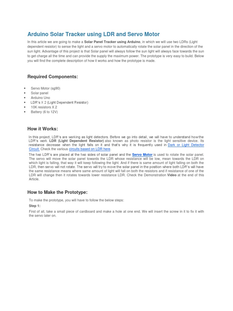 Arduino Solar Tracker Using LDR and Servo Motor | PDF | Arduino | Resistor