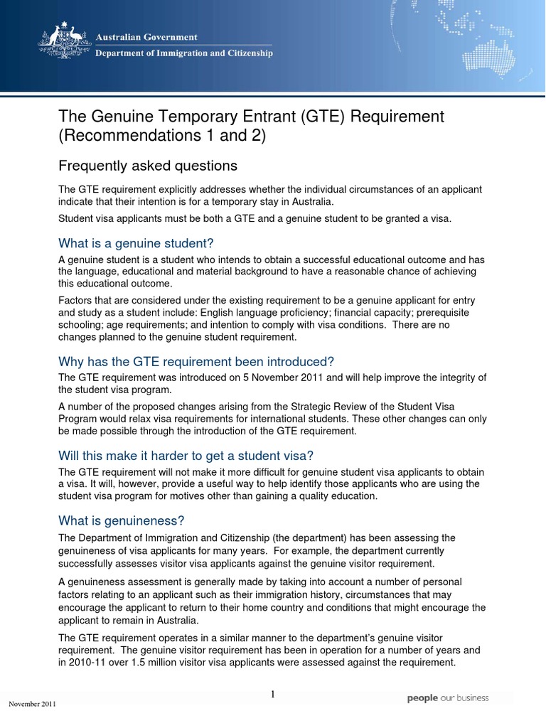 111105-DIAC Genuine Temporary Entrant Criteria | PDF | Travel Visa ...