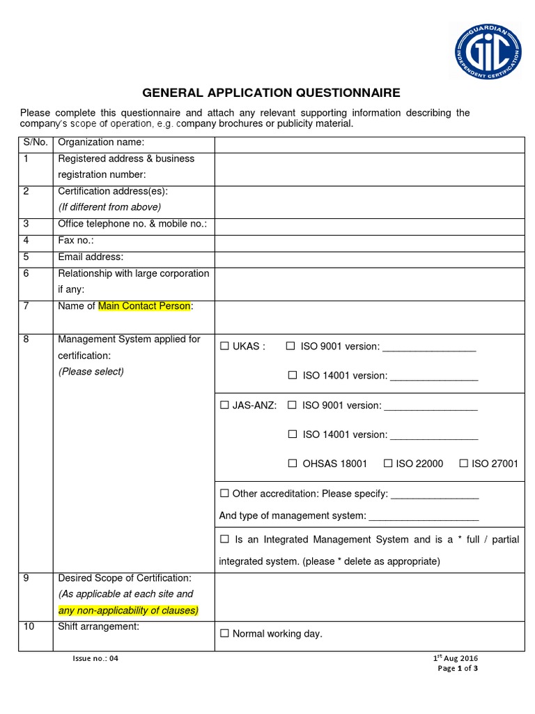 General Application Questionnaire for Certification | PDF | Iso 9000 ...