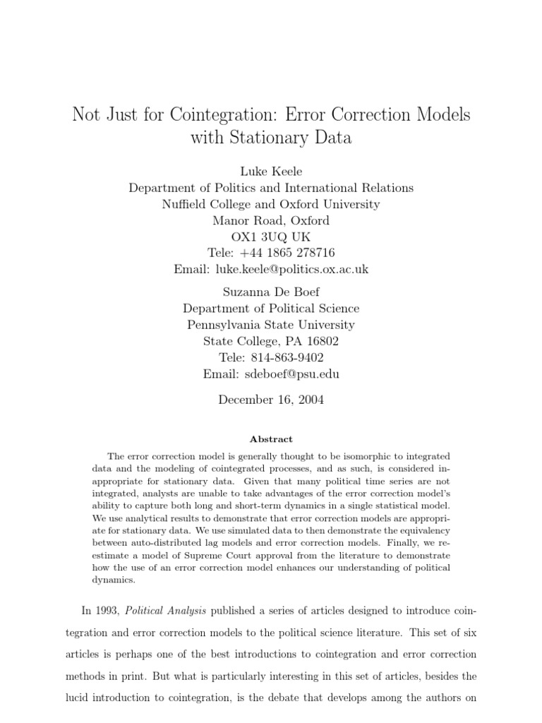 Not Just For Cointegration: Error Correction Models With Stationary Data by L Keele & S de Boef ...
