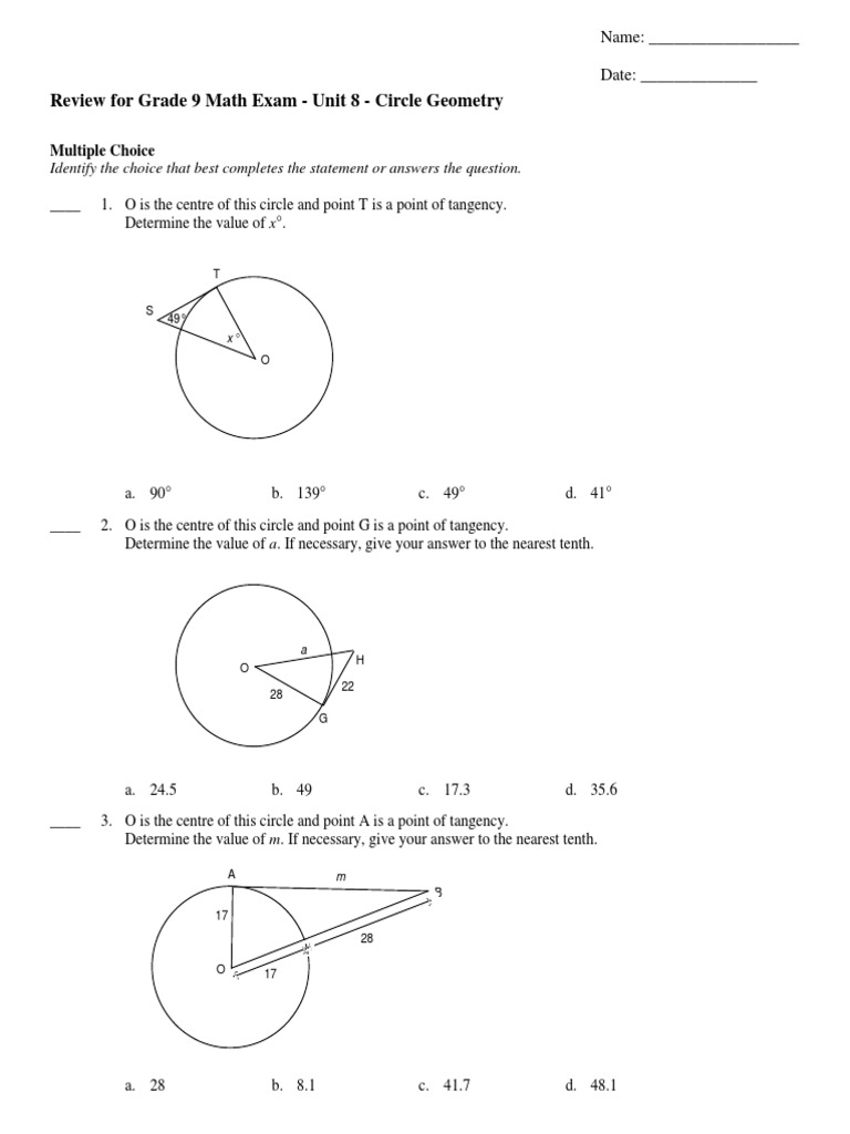 Review For Grade 9 Math Exam - Unit 8 - Circle Geometry | PDF | Circle ...