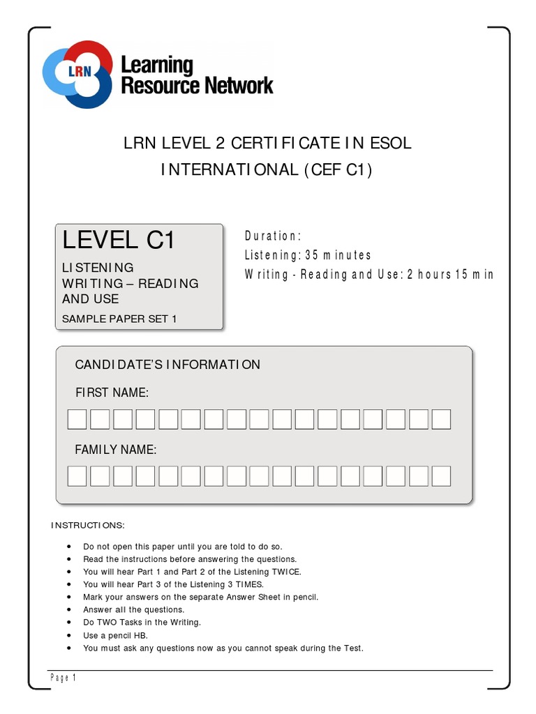 LRN Level 2 Certificate in Esol International Cef c1 Listening Writing ...
