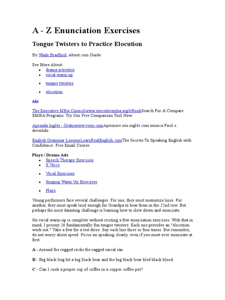 A - Z Enunciation Exercises: Tongue Twisters To Practice Elocution ...