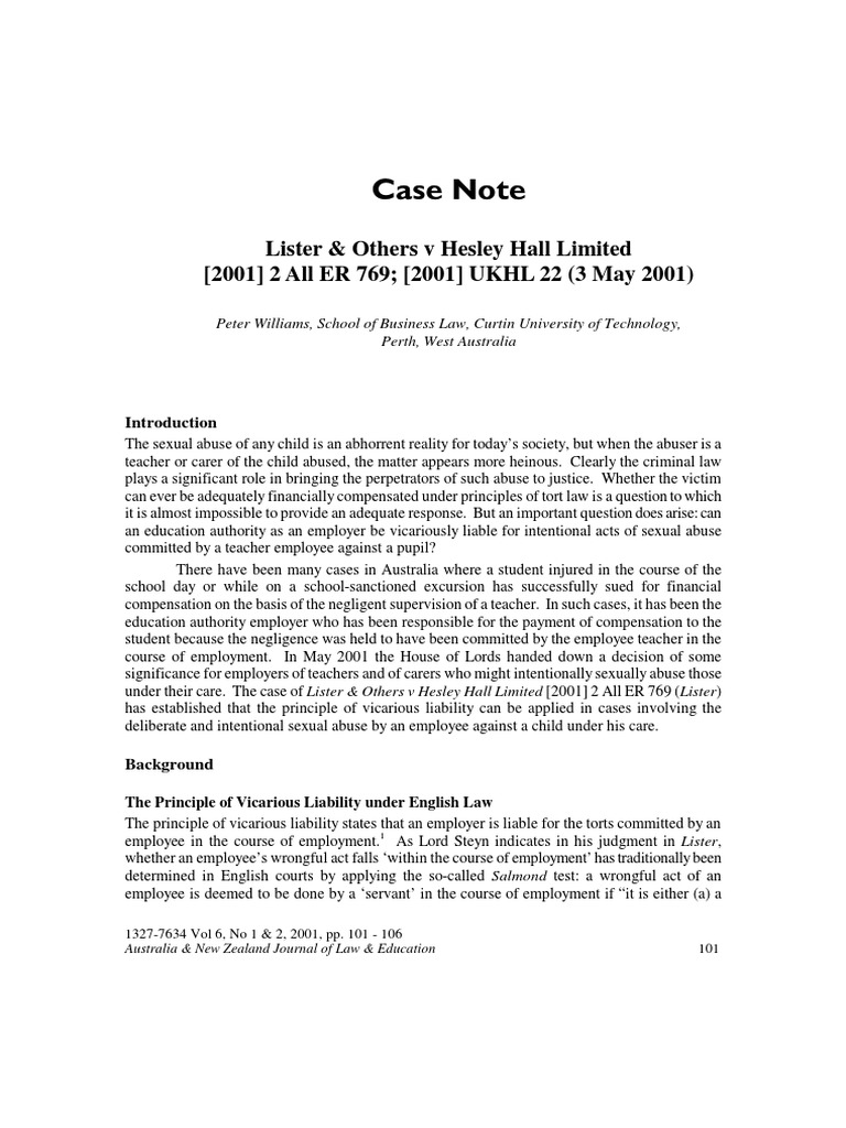 Lister V Hesley Hall - Case Note | PDF | Vicarious Liability | Private Law