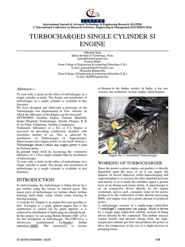Turbocharged Single Cylinder Si Engine: Abstract | PDF | Turbocharger ...