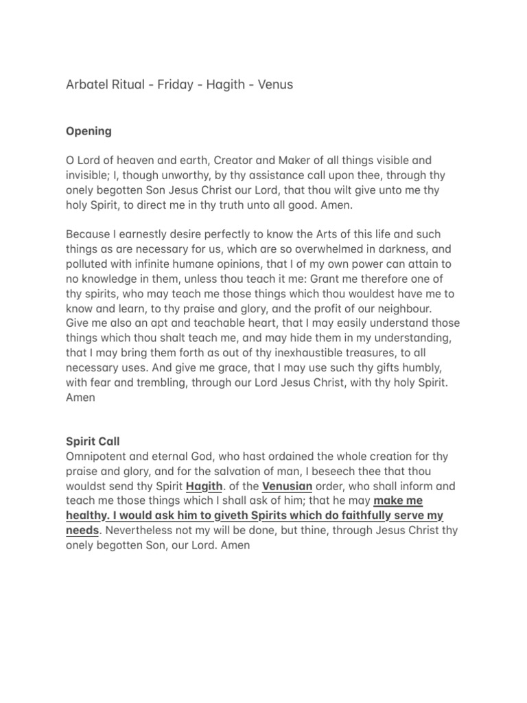 Arbatel Ritual - Friday - Hagith - Venus | PDF