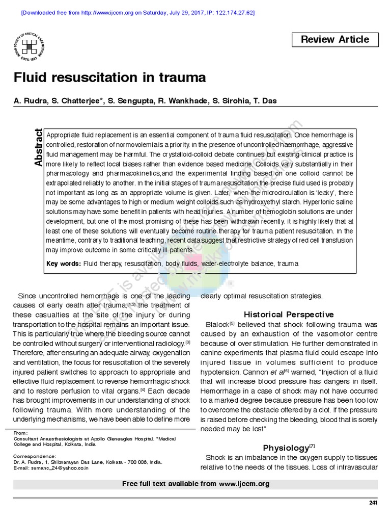 Fluid Resuscitation in Trauma: Review Article | PDF | Shock ...