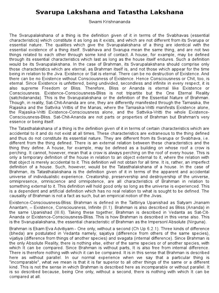 Svarupa Lakshana and Tatastha Lakshana | PDF | Brahman | Existence