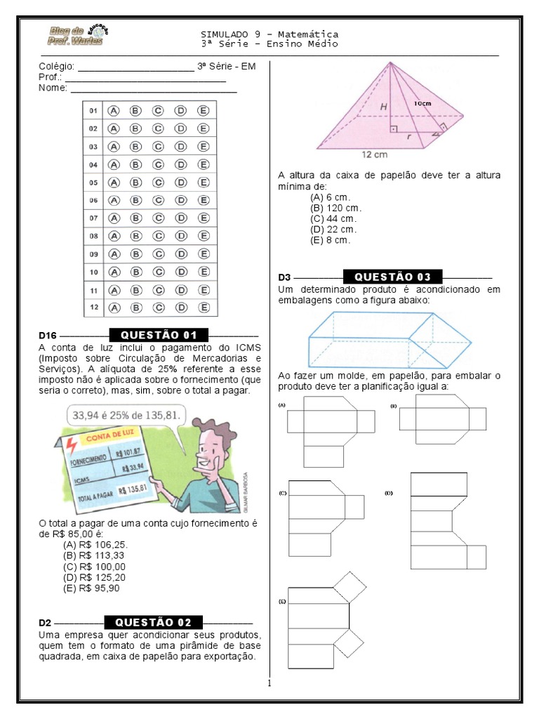 Simulado 9 - (Mat. 3 Série EM) - Blog Do Prof. Warles | PDF | Ensino de ...