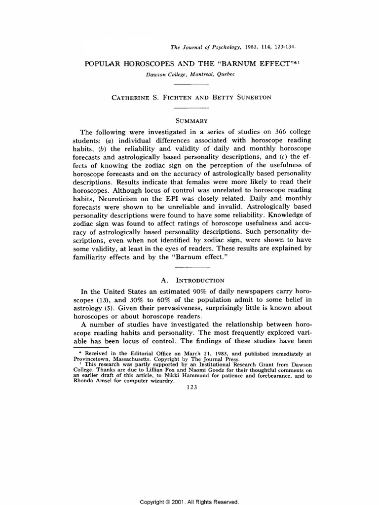 Popular Horoscopes and The "Barnum Effect" PDF | PDF | Popular Psychology