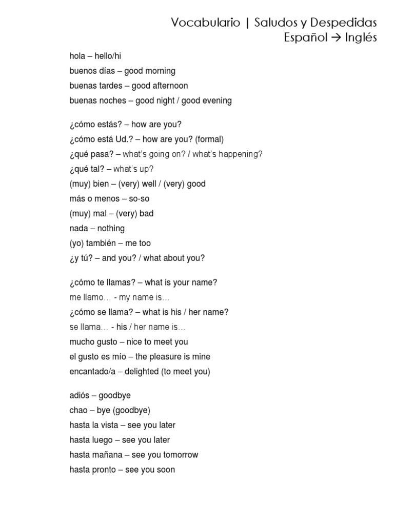 Vocabulario Saludos | PDF