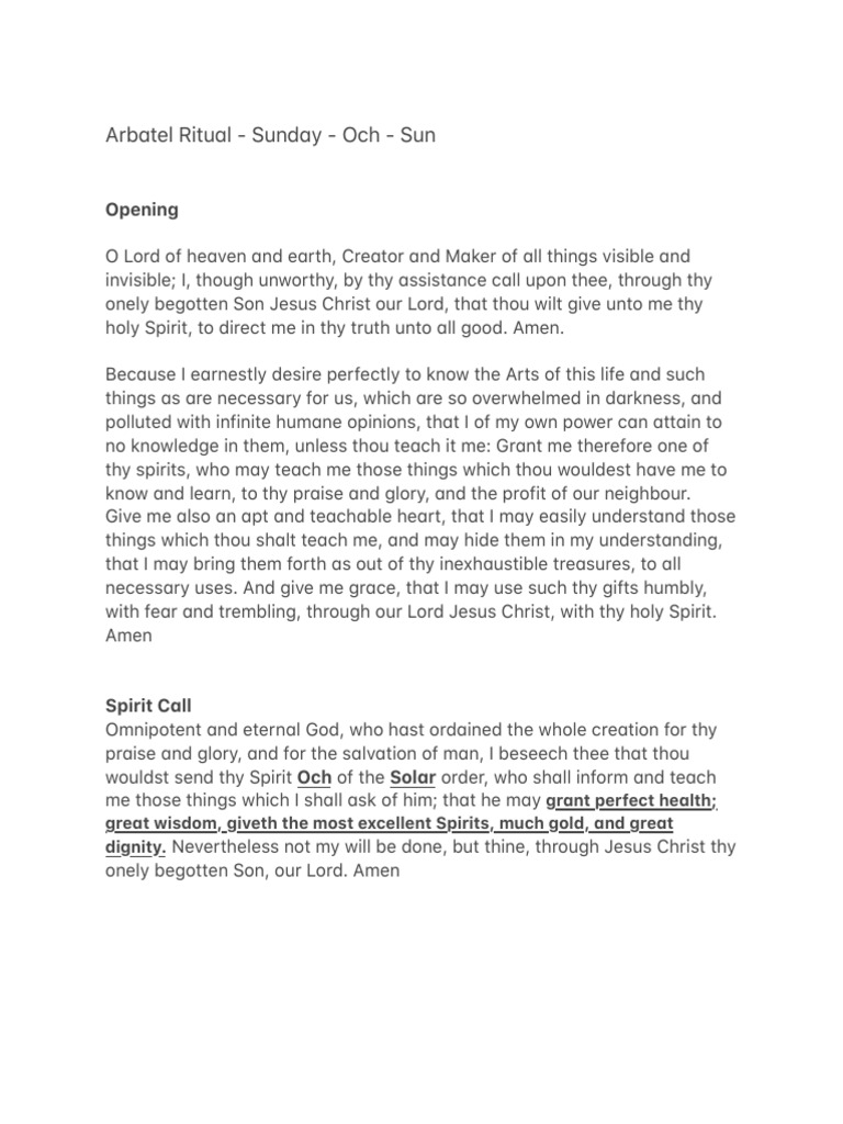 Arbatel Ritual - Sunday - Och - Sun | PDF | Religion & Spirituality