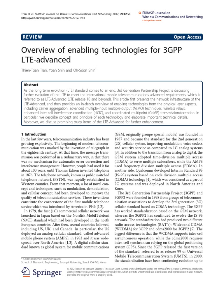 Overview of Enabling Technologies For 3GPP LTE-advanced: Review Open Access | PDF | Lte Advanced ...