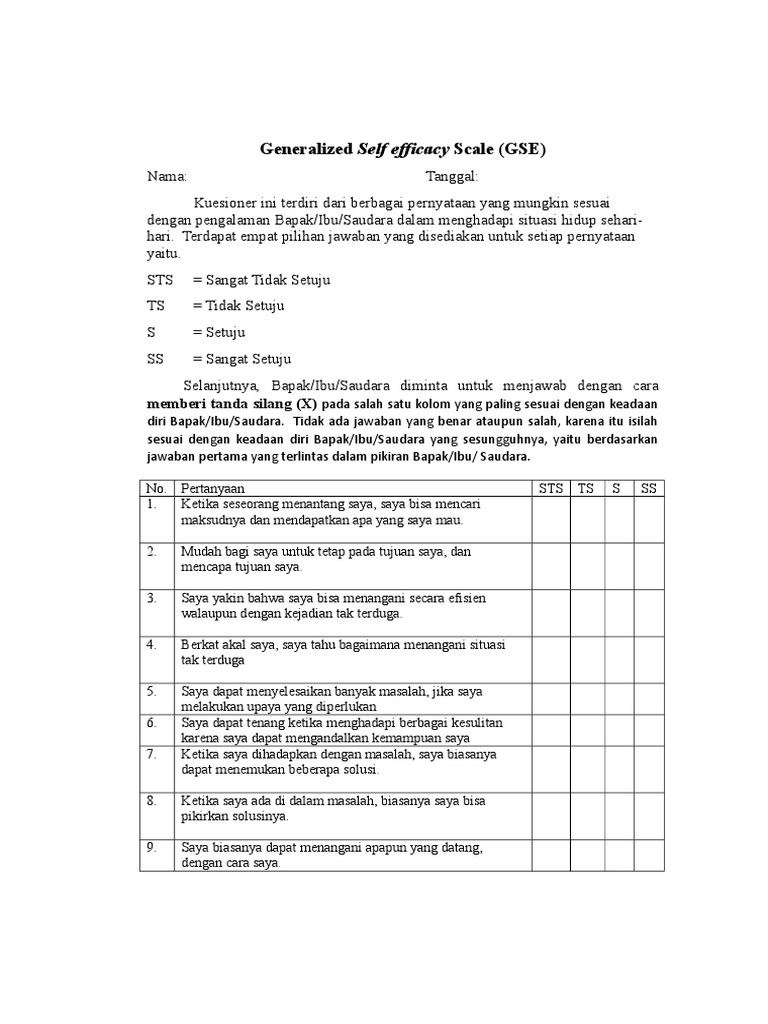 Generalized Self Efficacy Scale Untuk Dibagikan | PDF