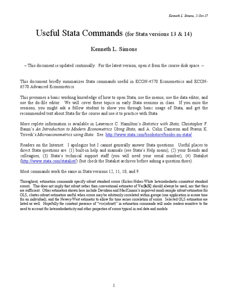 Useful Stata Commands | PDF | Regression Analysis | Confidence Interval