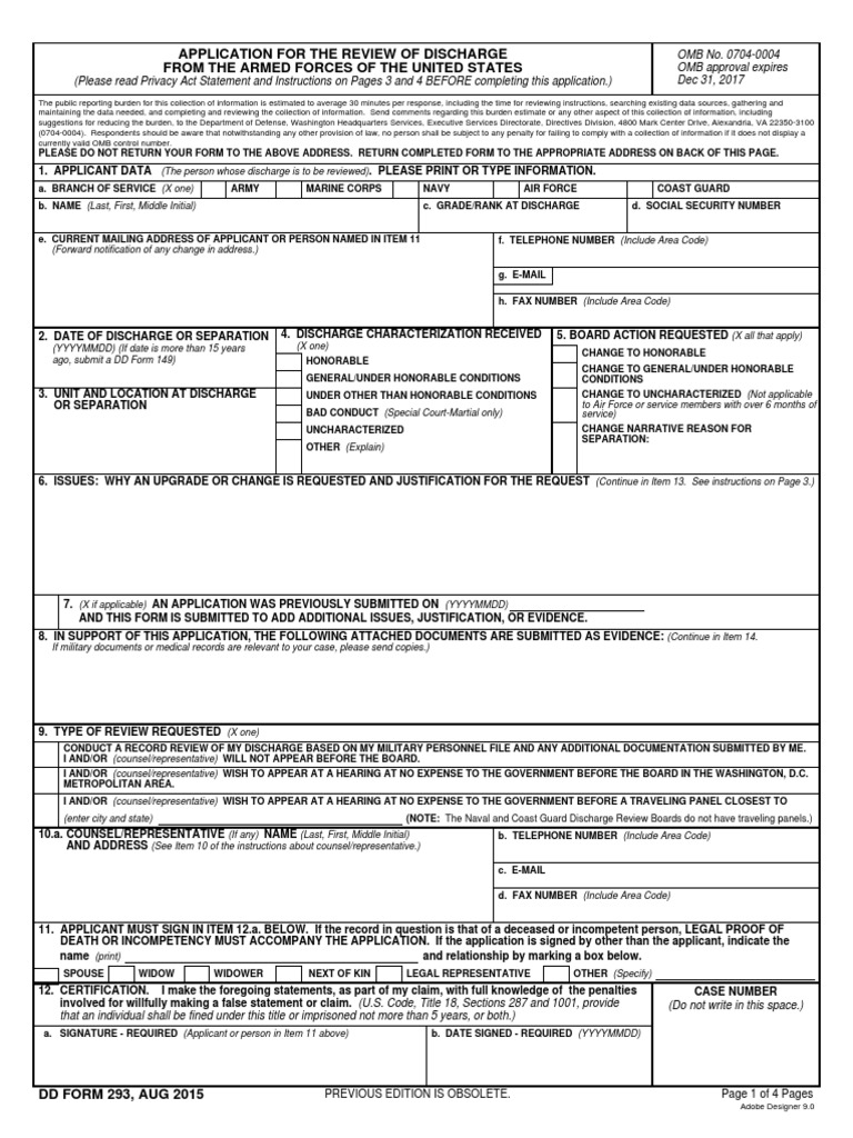 DD Form 293, Application For The Review of Discharge From The Armed ...