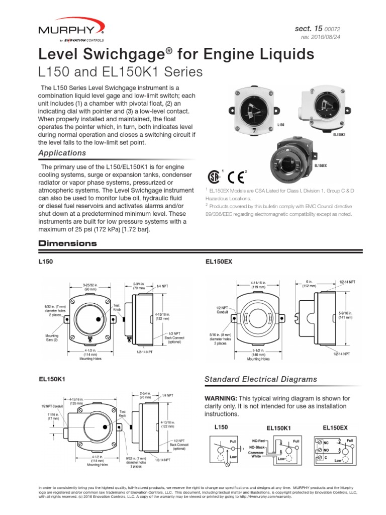 Level Swichgage For Engine Liquids: L150 and EL150K1 Series | PDF ...