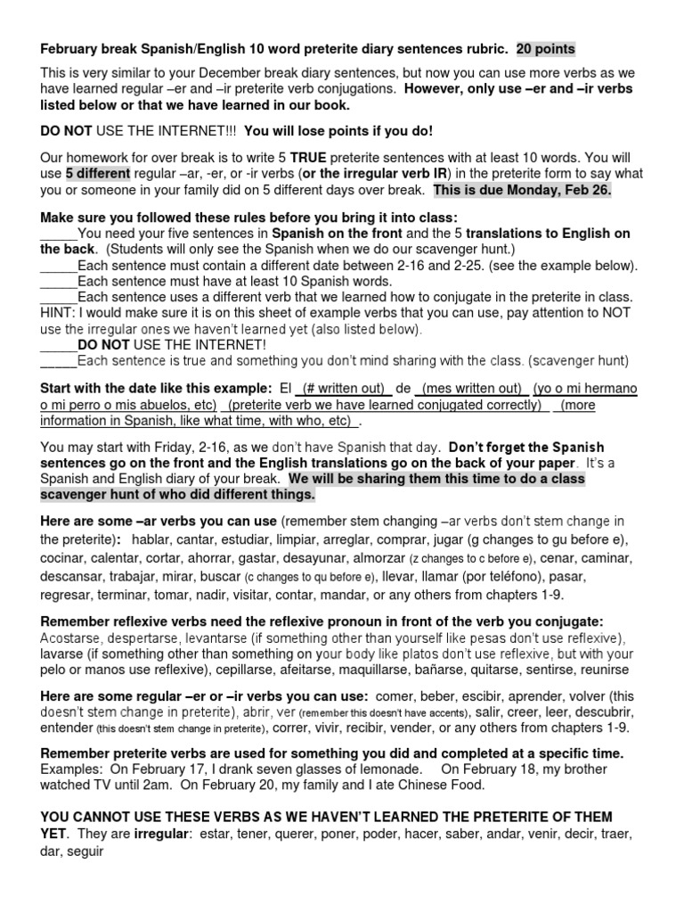 Spanish Preterite Diary Assignment | PDF | Syntactic Relationships ...