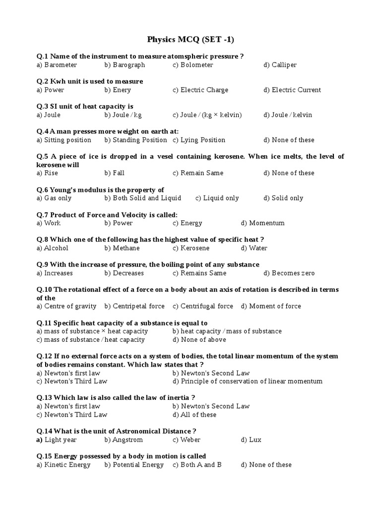 Physics MCQ Set 1 | PDF | Heat Capacity | Force