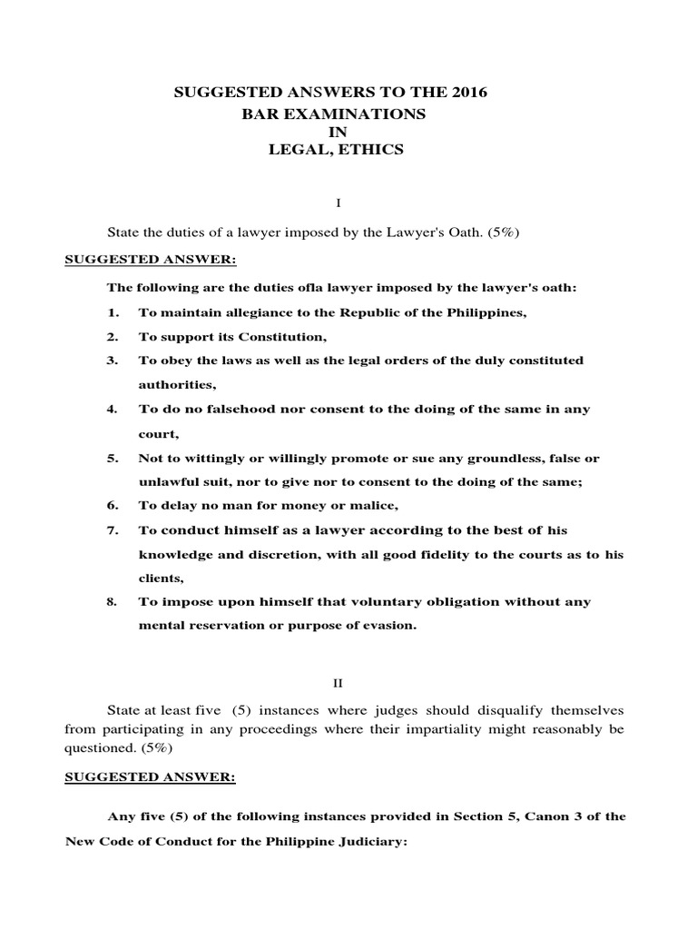 2016 Bar Suggested Answer in Legal Ethics | PDF | Lawyer | Notary Public