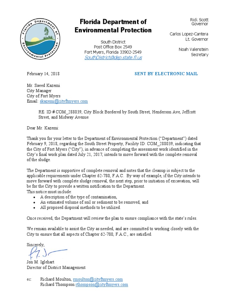 Florida DEP Letter To City of Fort Myers 2/14/2018 | PDF ...