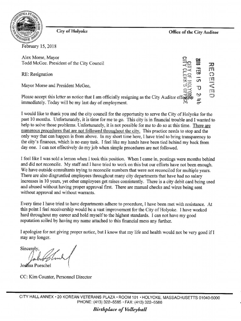 Resignation letter of Holyoke City Auditor Joshua Pueschel: