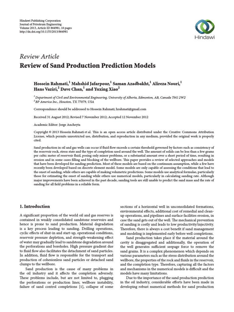 Review Article: Review of Sand Production Prediction Models | PDF ...