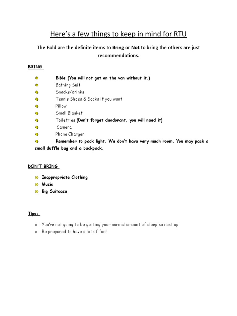 Do and Do Not Bring List | PDF