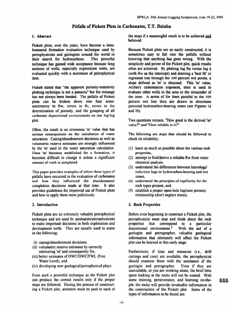SPWLA-1994-GGG - Pitfalls of Picket Plots in Carbonates | PDF ...