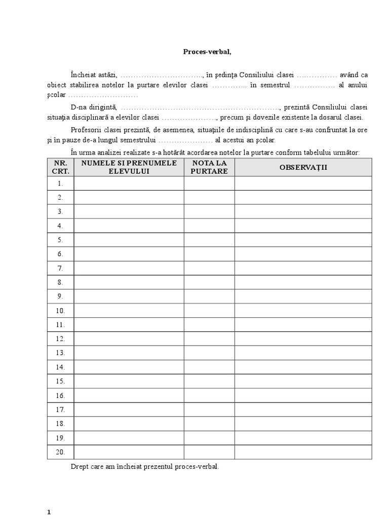 Proces Verbal Note Purtare