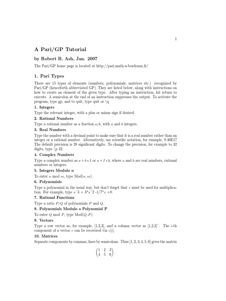 A Pari/GP Tutorial: by Robert B. Ash, Jan. 2007 | PDF | Eigenvalues And Eigenvectors | Matrix ...
