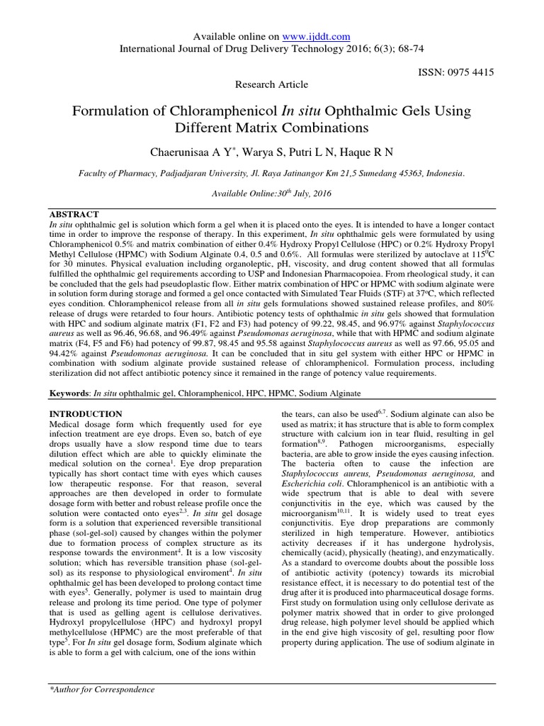 Formulation of Chloramphenicol in Situ Ophthalmic Gels Using Different ...