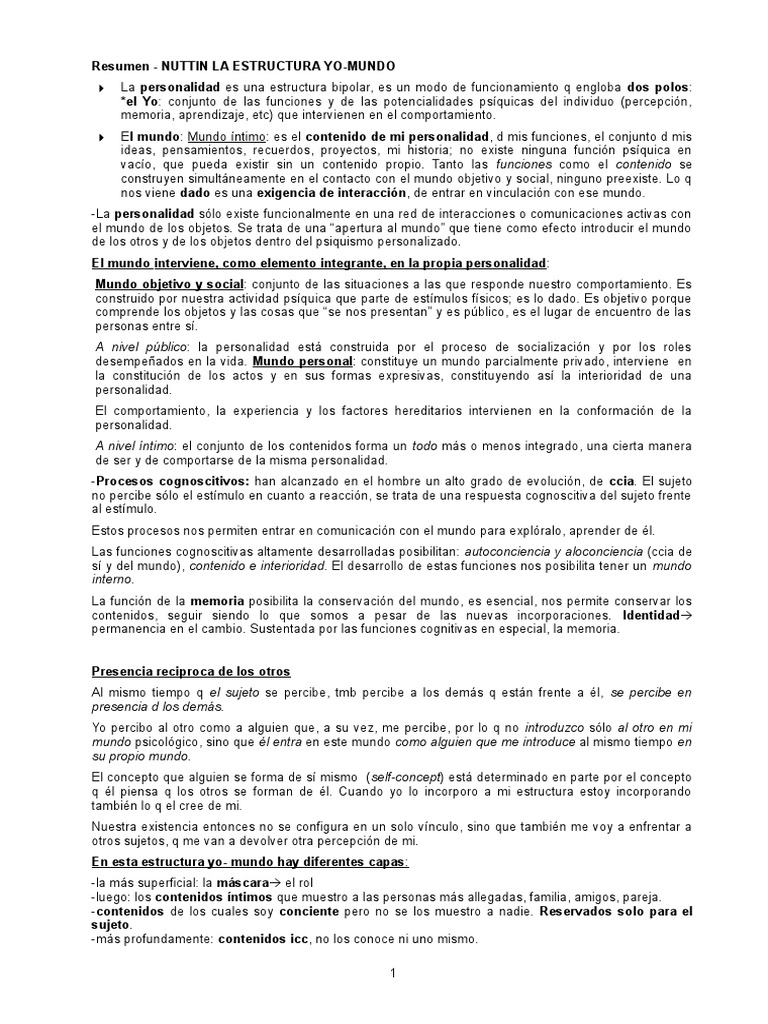 Nuttin La Estructura Yo Mundo Resumen Descargar Gratis Pdf Psique