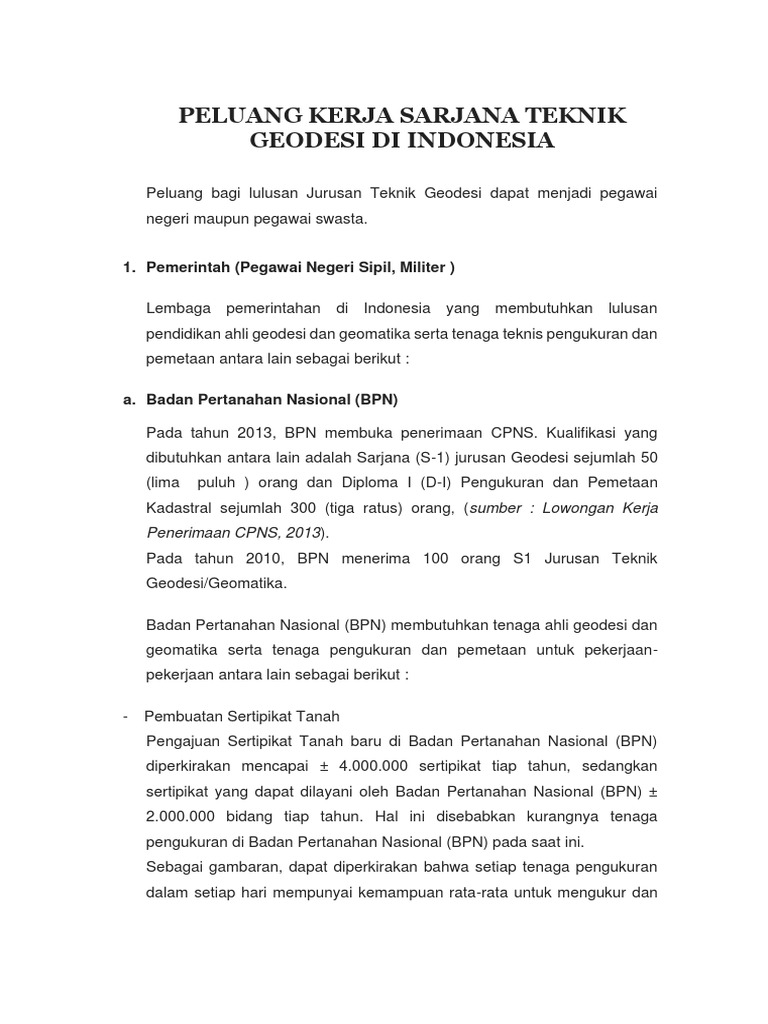 Peluang Kerja Jurusan Teknik Geodesi Di Indonesia | PDF