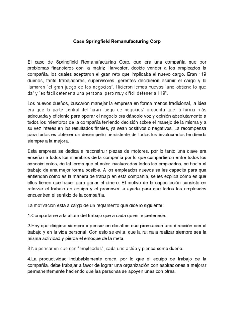 Caso Springfield Remanufacturing Corp | PDF | Motivación | Motivacional