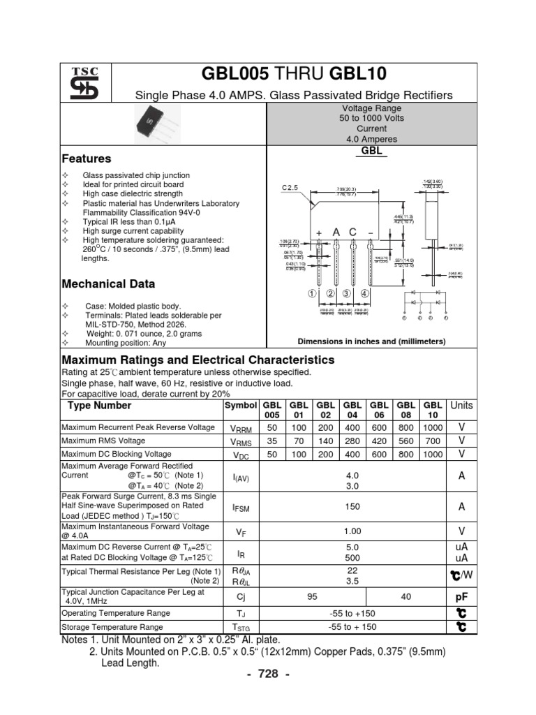 Gbl005 Thru Gbl10: Single Phase 4.0 AMPS. Glass Passivated Bridge ...