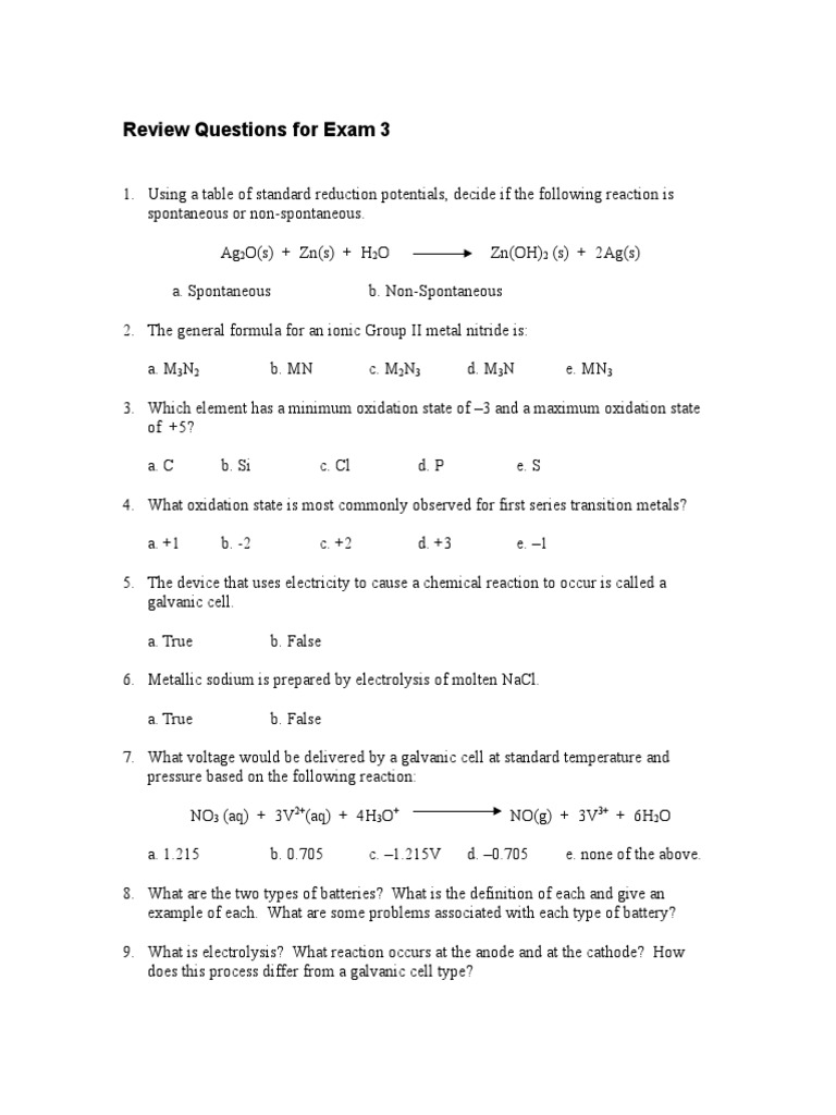 Exam 3 Review Questions | PDF | Redox | Battery (Electricity)