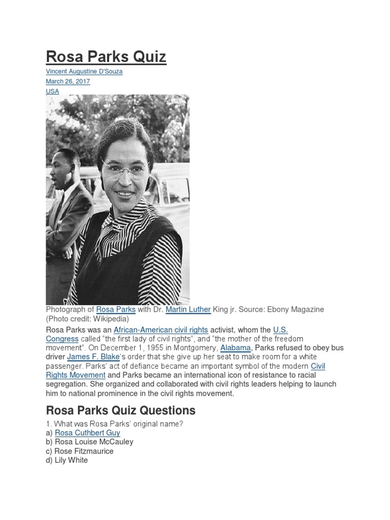 rosa parks quiz answers | Rosa Parks | Activism