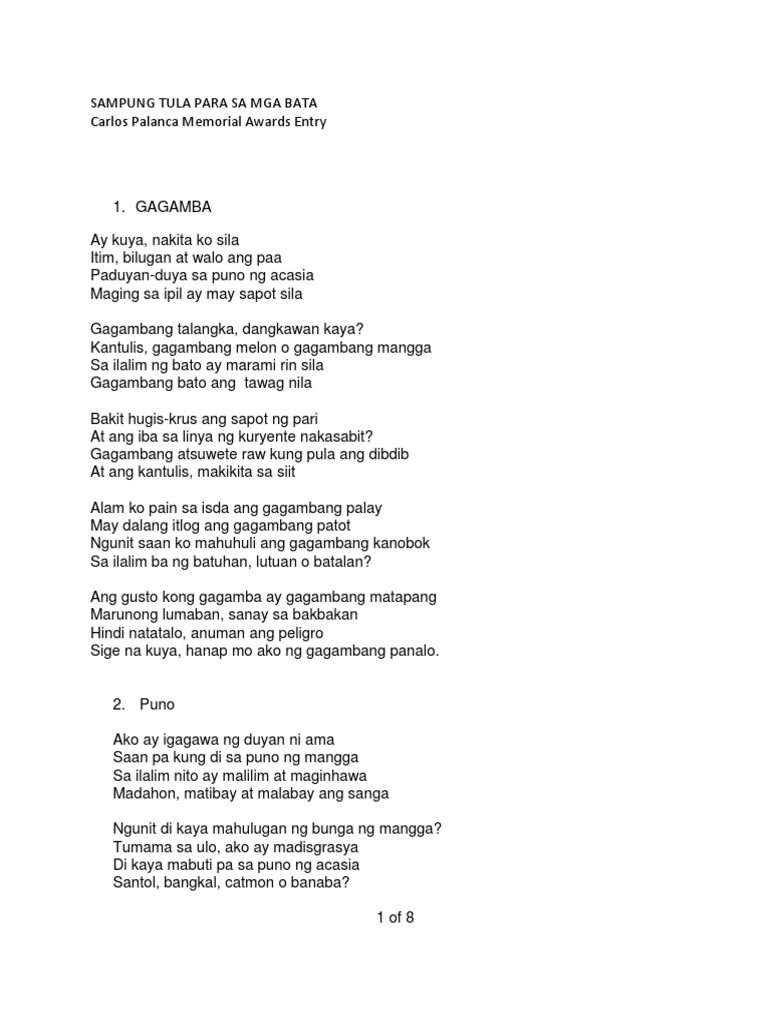 Tula - SAMPUNG-TULA-PARA-SA-MGA-BATA-Tulang-Pambata-3rd-prize PDF | PDF