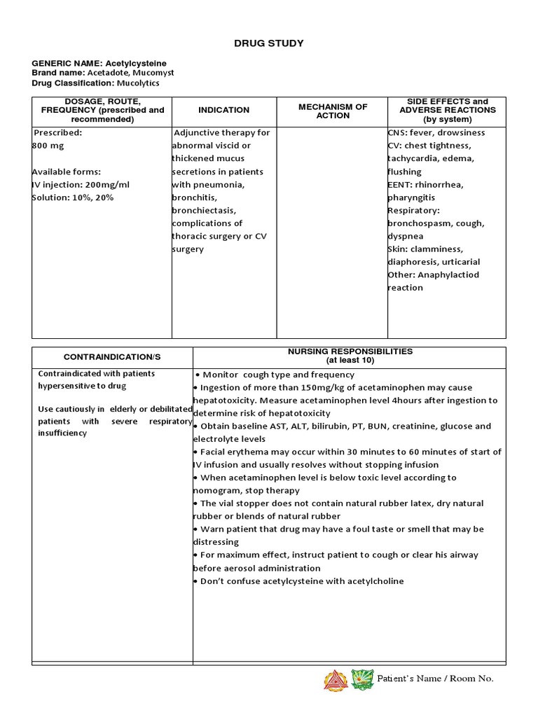 Drug Study: Acetadote, Mucomyst Mucolytics | PDF | Cough | Rtt