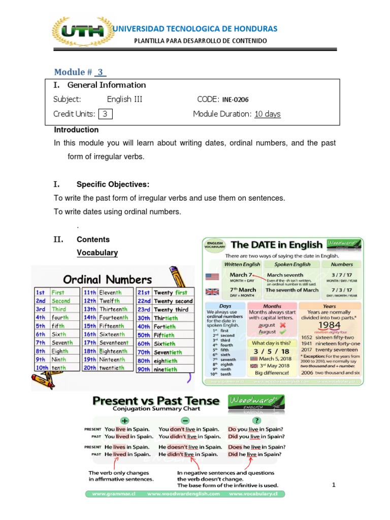 English III Module 3 Dates Ordinal Numbers Irregular VerbsPast PDF ...